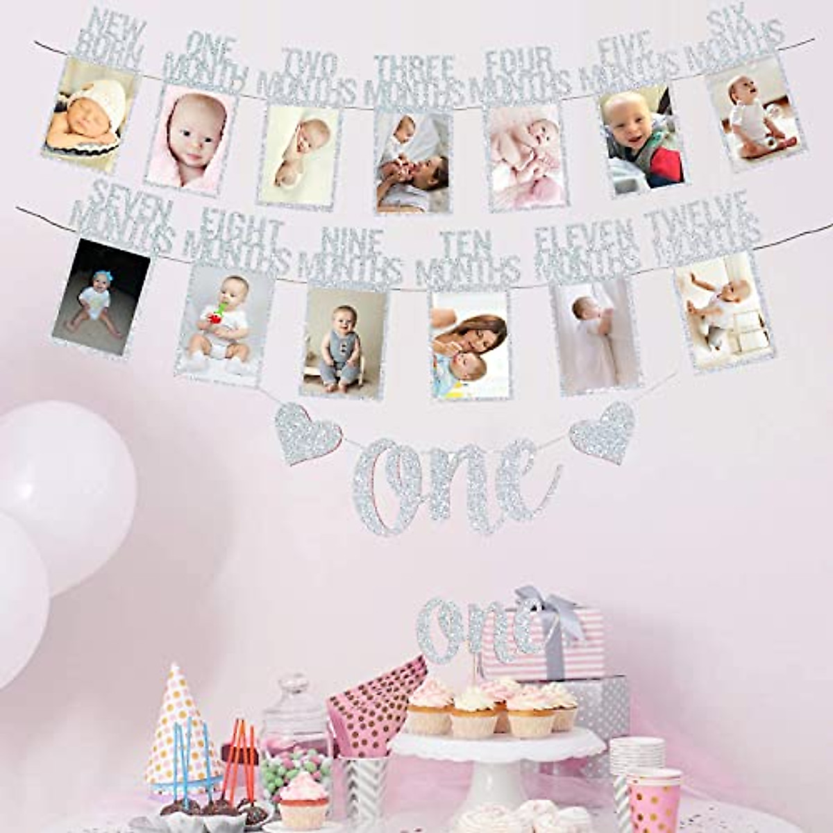 Silver 1st Birthday Baby Photo Banner for Newborn to 12 Months And Alphabet ONE Bunting, Alphabet ONE Cake Topper for Baby Show First Birthday Party Decoration