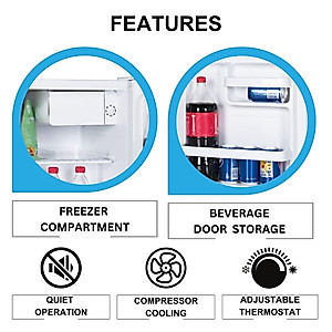 Koolatron 1.7 Cu Ft Compact Fridge With Freezer, White, Compressor Mini Fridge, Reversible Door, Flat Back, Removable Shelf, For Snacks, Frozen Meals, Beverages, Beer, College Dorm, Office, Rec Room
