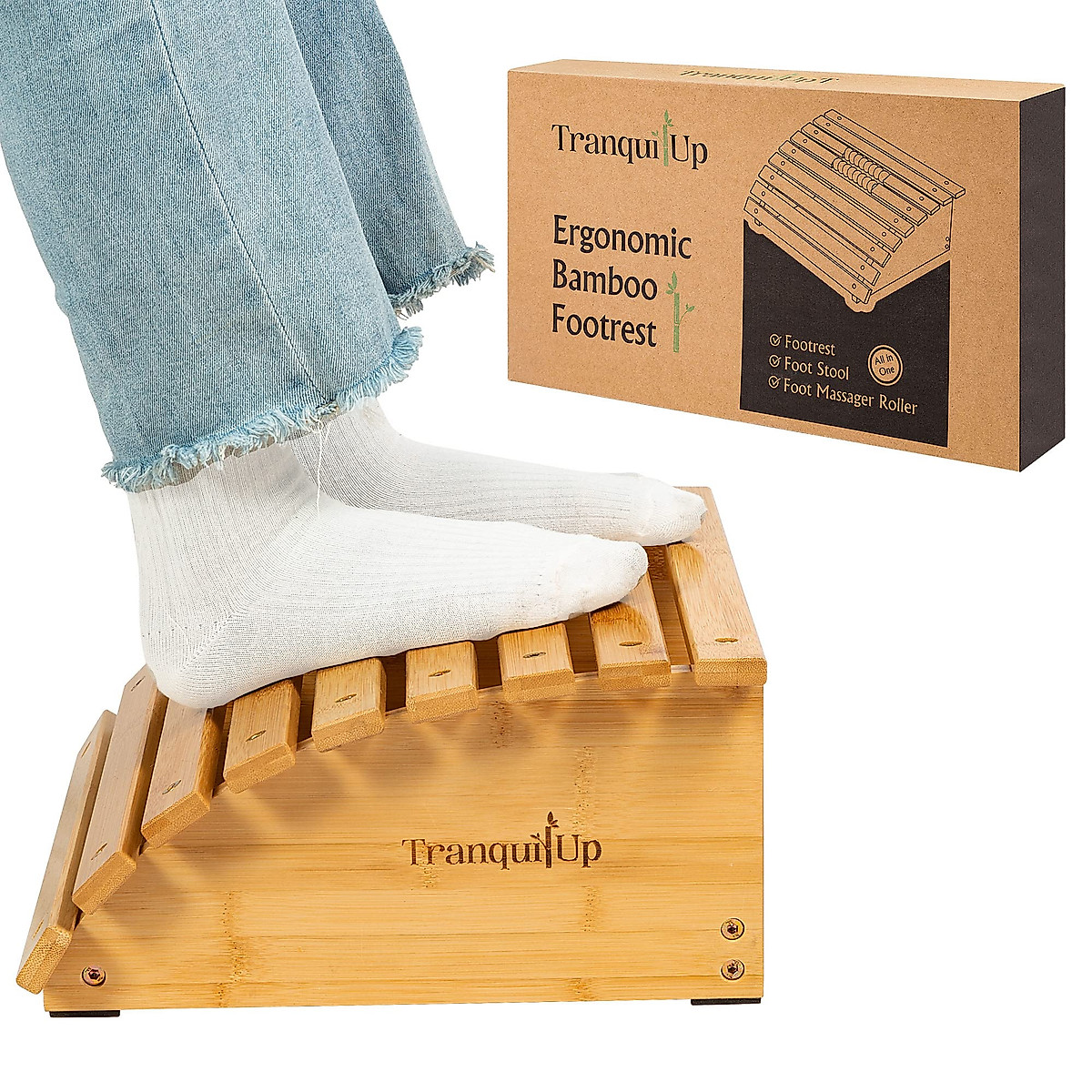 TranquilUp Bamboo Footrest under Desk, Foot Massager - Wide Surface - Anti-slip Bottom - Ergonomic - Barefoot Friendly - Suitable for Office, Home, Washroom, Help Improve Posture - Pain Relief
