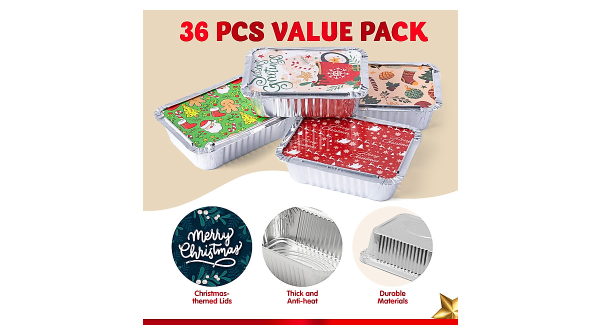 JOYIN Christmas Foil Containers - 36 Pack with Lids