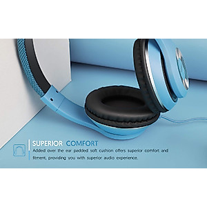 AUSDOM Lightweight Over-Ear Wired HiFi Stereo Headphones with Built-in Mic Comfortable Leather Earphones- Blue