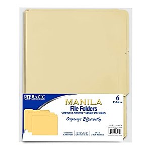 BAZIC Manila File Folder 1/3 Cut Letter Size, Left Right Center Tabs Positions, for Organizing Filing Document Storage, Total 6-Count