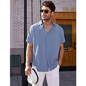COOFANDY Men's Short Sleeve Button Down Shirt for Men Summer Casual Cotton Shirt~ Grey Blue