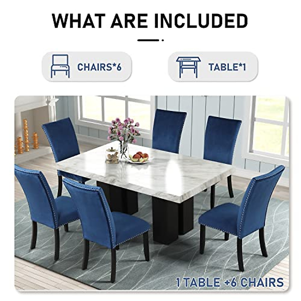 DEINPPA 7 Piece Kitchen Table Set with 1 Faux Marble Rectangular Table and Dining Chairs Set of 6 for Dining Room and Living Room (Blue)