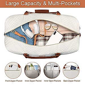 Weekender Bag for Women, Travel Duffel Bag Carry On Overnight Bag with Shoe Compartment Large Nylon Travel Tote Bag 21.5" with Toiletry Bag for Traveling Business Weekend Trip Gift 3Pcs Set (2-Beige)