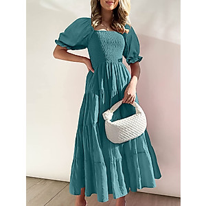 ANRABESS Women's Casual 2024 Summer Fashion Midi Dress Puff Short Sleeve Square Neck Smocked Tiered Boho Beach Dresses Lake-S