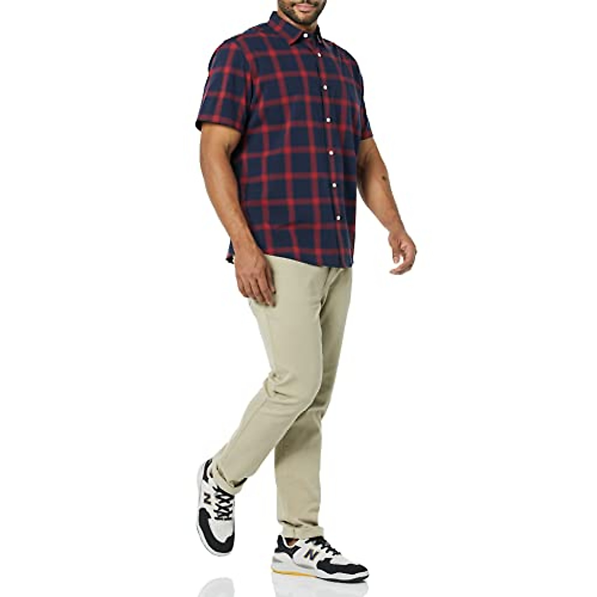 Amazon Essentials Men's Short-Sleeve Stretch Poplin Shirt (Available in Big & Tall), Navy Red Buffalo Plaid, Medium