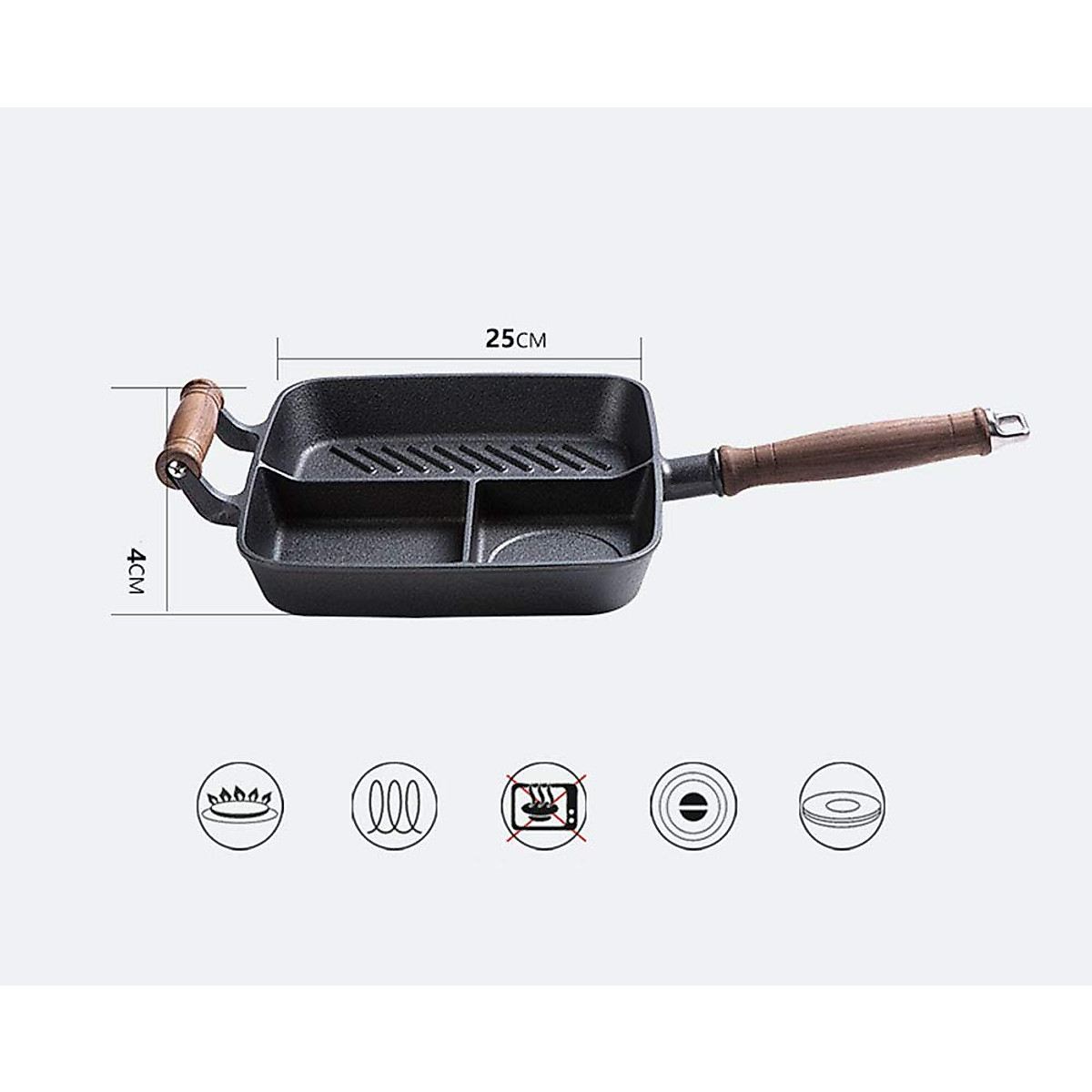 CapriTech Cast Iron Grill Pan 3 Section Breakfast Skillet Frying Pan with 2 Assist Handle for Gas Stove & Induction Cooker