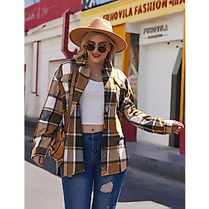 IN'VOLAND Women's Flannel Plaid Shacket Casual Button Down Long Sleeve Flannel Shirts Plus Size Fall Tartan Jacket Brown 24W