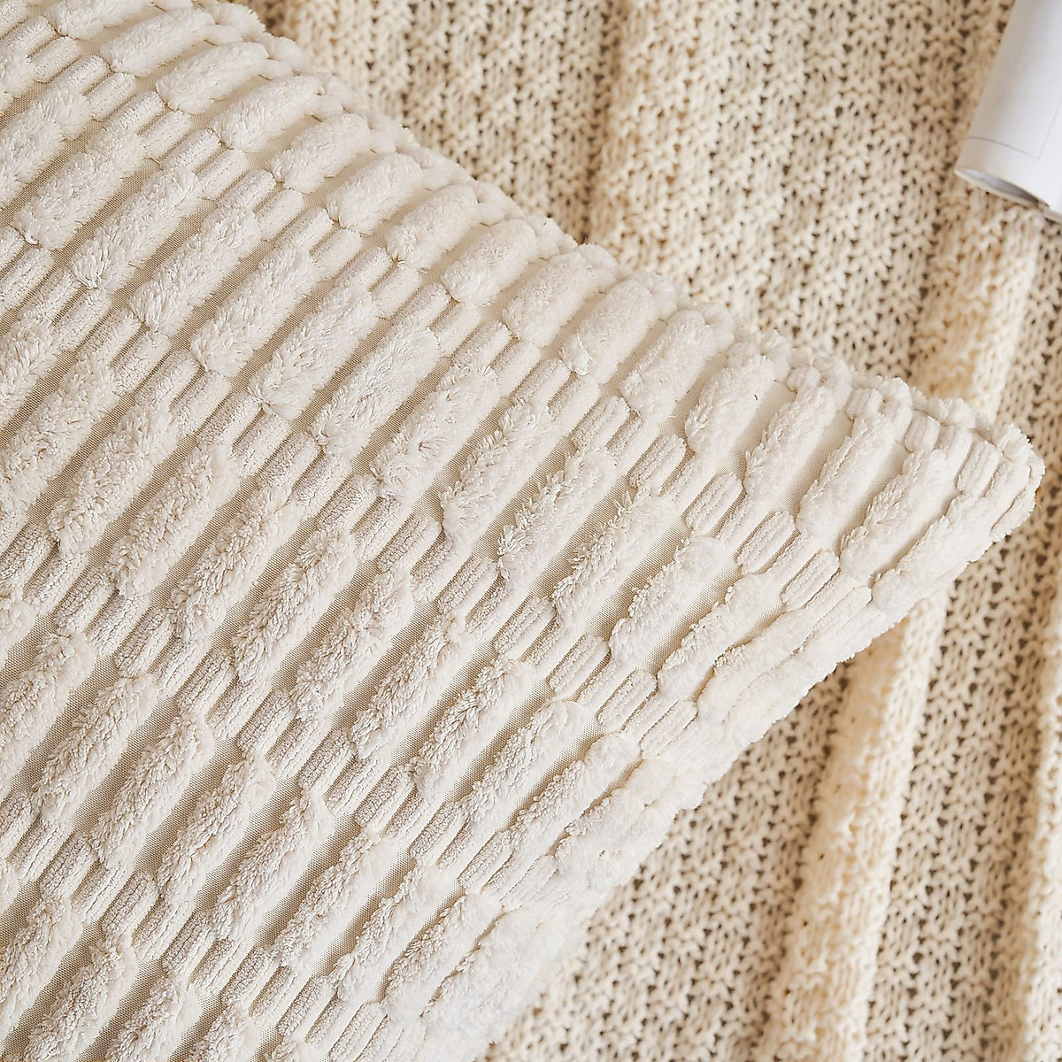 EMEMA Corduroy Decorative Throw Pillow Covers 18x18 Inch Soft Striped Corduroy Square Cushion Case Boho Home Decor for Living Room Couch Bed Sofa Farmhouse, Pack of 2, Cream White