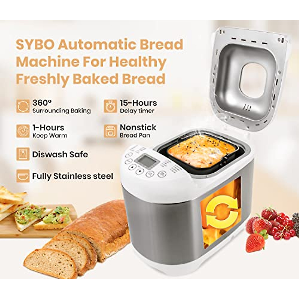 Sybo BM8501 Pro Bread Machine, 2 LB 19-in-1 Programmable XL Bread Maker Nonstick Pan & Digital Touch Panel, 3 Loaf Sizes 3 Crust Colors, Reserve & Keep Warm Set