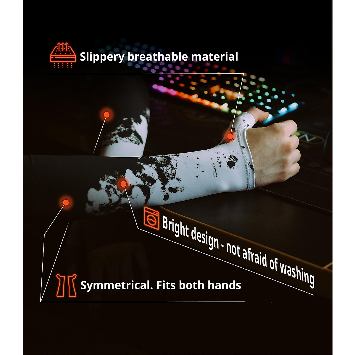 Selerity Gaming Arm Sleeve PC Sport open glove thumb hole esports gamers Paints Spray, White Black, Medium