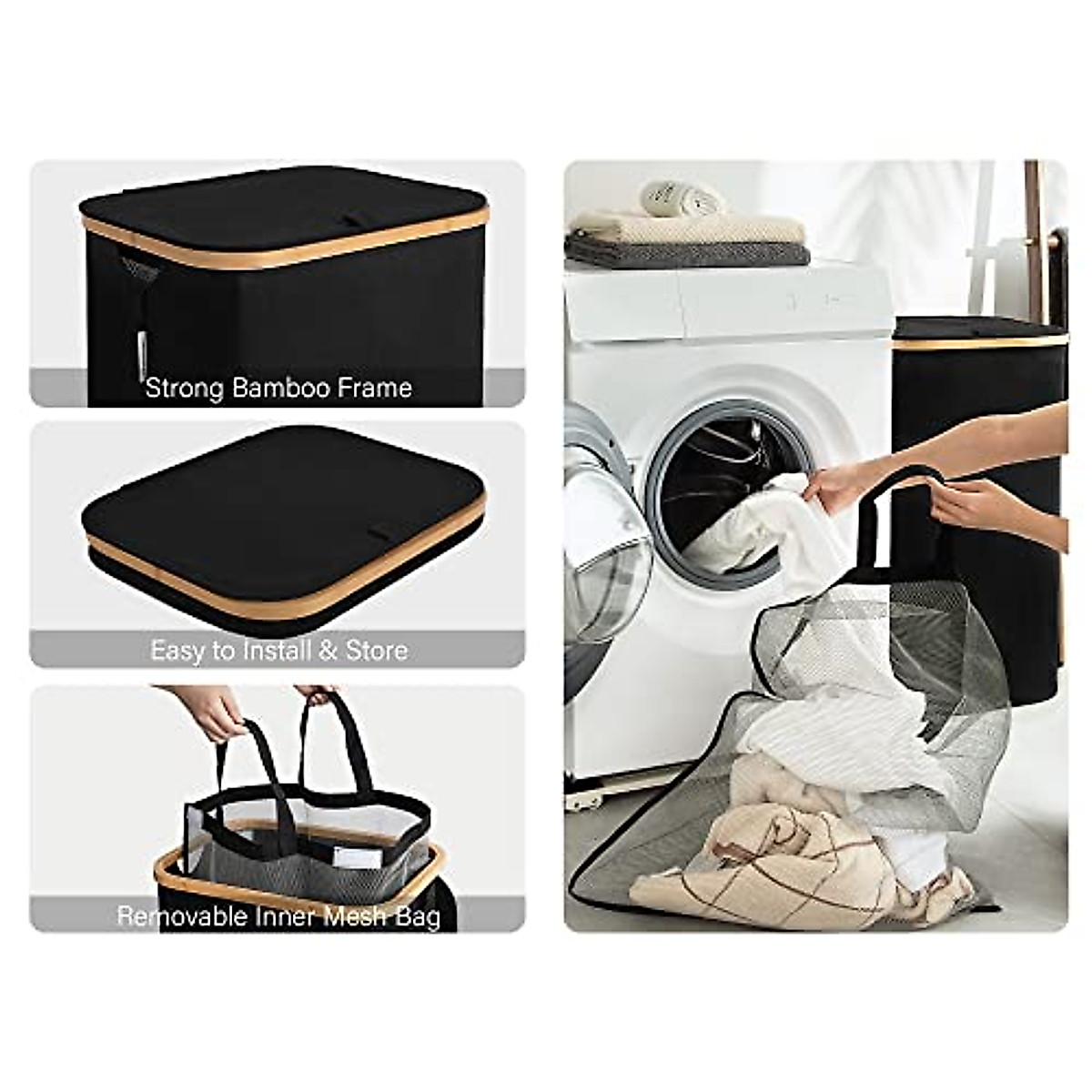 StorageWorks Large Laundry Hamper with Lid, 100L Tall Laundry Basket with Bamboo Handles and 2 Removable Inner Bag, Collapsible Laundry Hamper for Clothing, Toys, Towels, Black, 1-Pack