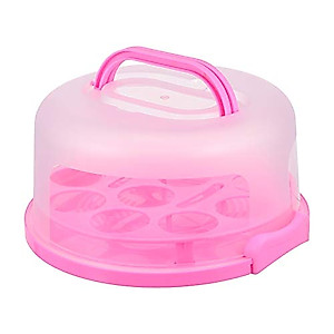 Hemoton Portable Cheesecake Carrier Round Cake Container Clear Dome Lids Cupcake Muffin Pie Box Dessert Serving Tray with Handle for Fruits Pastry Donut Baked Bread 10inch Pink