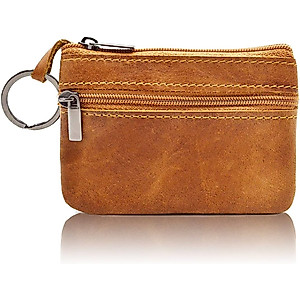 Women Genuine Leather Coin Pouch Zip Mini Purse Wallet Key Chain Double Zipper