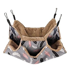 Petmolico Small Pet Hanging Triple-Layer Warm Hammock Bed Cage Accessories Bedding Hideout Playing Sleeping for Parrot Sugar Glider Ferret Squirrel Hamster Rat, Brown Feather