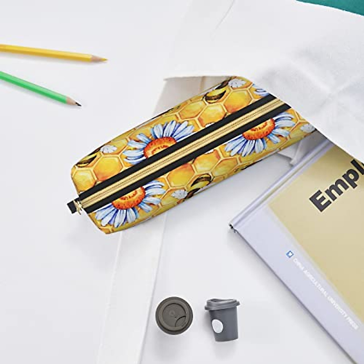 IMPCOKRU Small Pencil Bag Study Pencil Bag Key Pouch,Honeybee and Golden Hive,Stationery Storage Pencil Case for School Office Travel