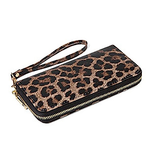 Fanwill Leopard Print Wallet For Women Ladies Cheetah Wrist Purse Zip Around Card Holder (Brown)