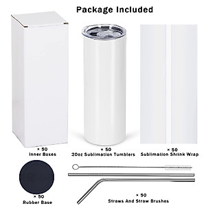 Micellwuu 50 Pack Sublimation Tumblers Bulk 20 oz Skinny Straight，Stainless Steel Sublimation Blanks Cups White, Individually Boxed