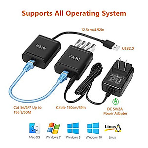 WEme USB Extender, 4-Port USB 2.0 Ethernet Extender Hub Over Cat5/ Cat5e/ Cat6 Cable Connection up to 60Meters/196FT, RJ45 Lan Extension with Power Adapter for Logitech Webcam, Camera, Speakerphone
