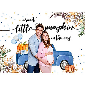 Little Pumpkin Baby Shower Decorations for Boy Fall Backdrop A Sweet Little Pumpkin is On The Way Its a Boy Blue Truck Leaves Autumn Thanksgiving Day Background Photography Party Banner Supplies 7x5ft