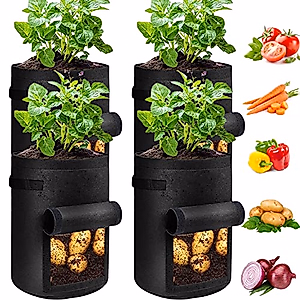 JJGoo 4 Pack Potato Grow Bags 10 Gallon with Flap, Heavy Duty Fabric Grow Bags with Handle and Harvest Window, Non-Woven Planter Pot Plant Garden Bags to Grow Vegetables Potato Tomato, Black