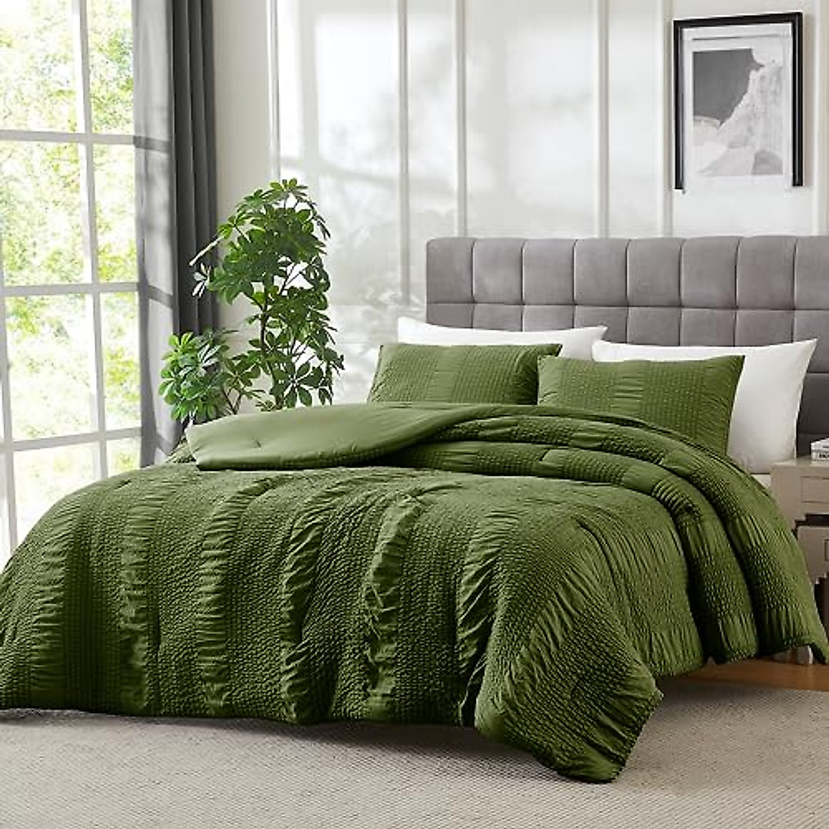 Seersucker Olive Green Twin size Comforter Set, 2 Pieces- Soft Washed Microfiber Sage Comforter with 1 Pillowcase sham, Fluffy Down Alternative Bedding Comforter Sets for All Season (68x90 inches)