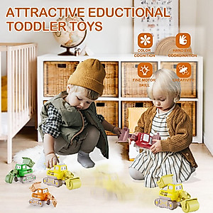 Construction Vehicle Toys Cars for 3 4 5 6 7 Year Old Toddlers, 4 Pack Press and Go Trucks Set Bulldozer, Excavator, Road Roller, Pile Drive for Kids, Birthday Toys for Boys Girls