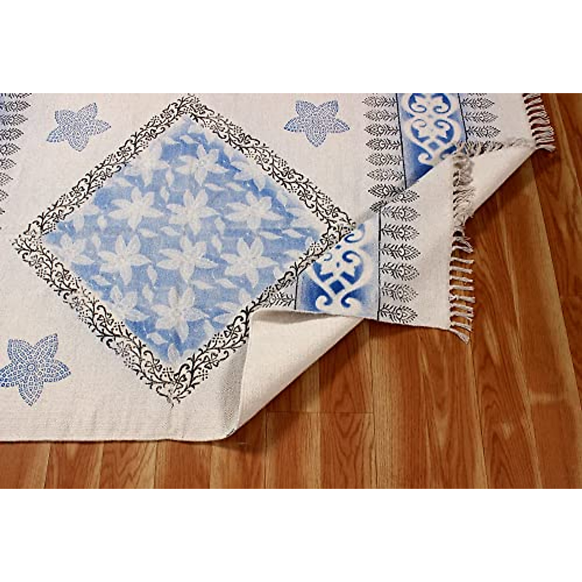 Casavani Hand Block Printed Cotton Dhurrie Geometric Blue & Beige Tassel Rug Easy Care Washable Rugs for Doormat Entryway Living Room Bedroom Hallway Balcony 4x8 Feet