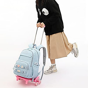 Voici et Voila Backpack with Wheels Girls Kids Rolling Backpack on Wheels Girls Roller Backpack with Wheels 6 Wheels Backpack Raincover Water Resistant Solid Color Elementary School Girls
