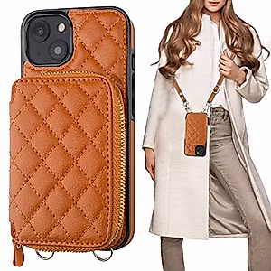 Bocasal Crossbody Wallet Case for iPhone 14 Plus, RFID Blocking PU Leather Zipper Handbag Purse Flip Cover, Kickstand Folio Case with Card Slots Holder Wrist Strap Lanyard 5G 6.7 Inch (Brown)