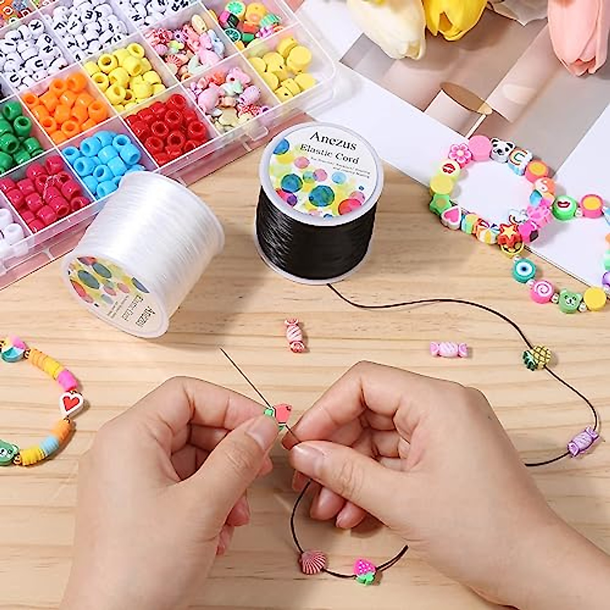 Stretchy String for Bracelets, Anezus 2Pcs Elastic String Jewelry Bead Cord with Large Eye Beading Needles for Seed Beads, Pony Beads, Clay Beads, Bracelet, Necklace and Jewelry Making, Black & White