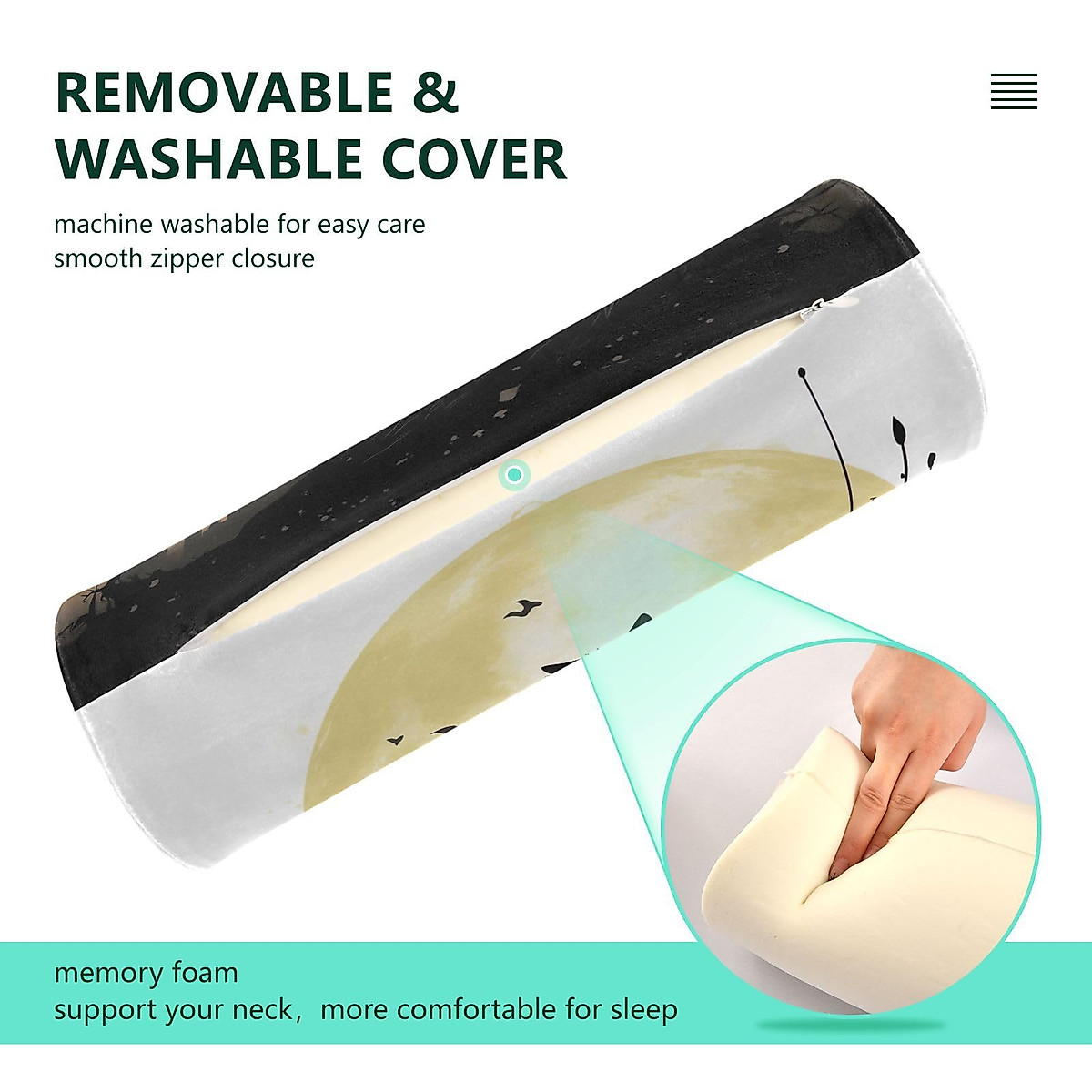 xigua Cute Black Cat Neck Roll Pillow for Neck Relief with Removable Washable Cover - Memory Foam Round Cylinder Bolster, Ergonomically Designed for Head, Neck, Back, and Legs