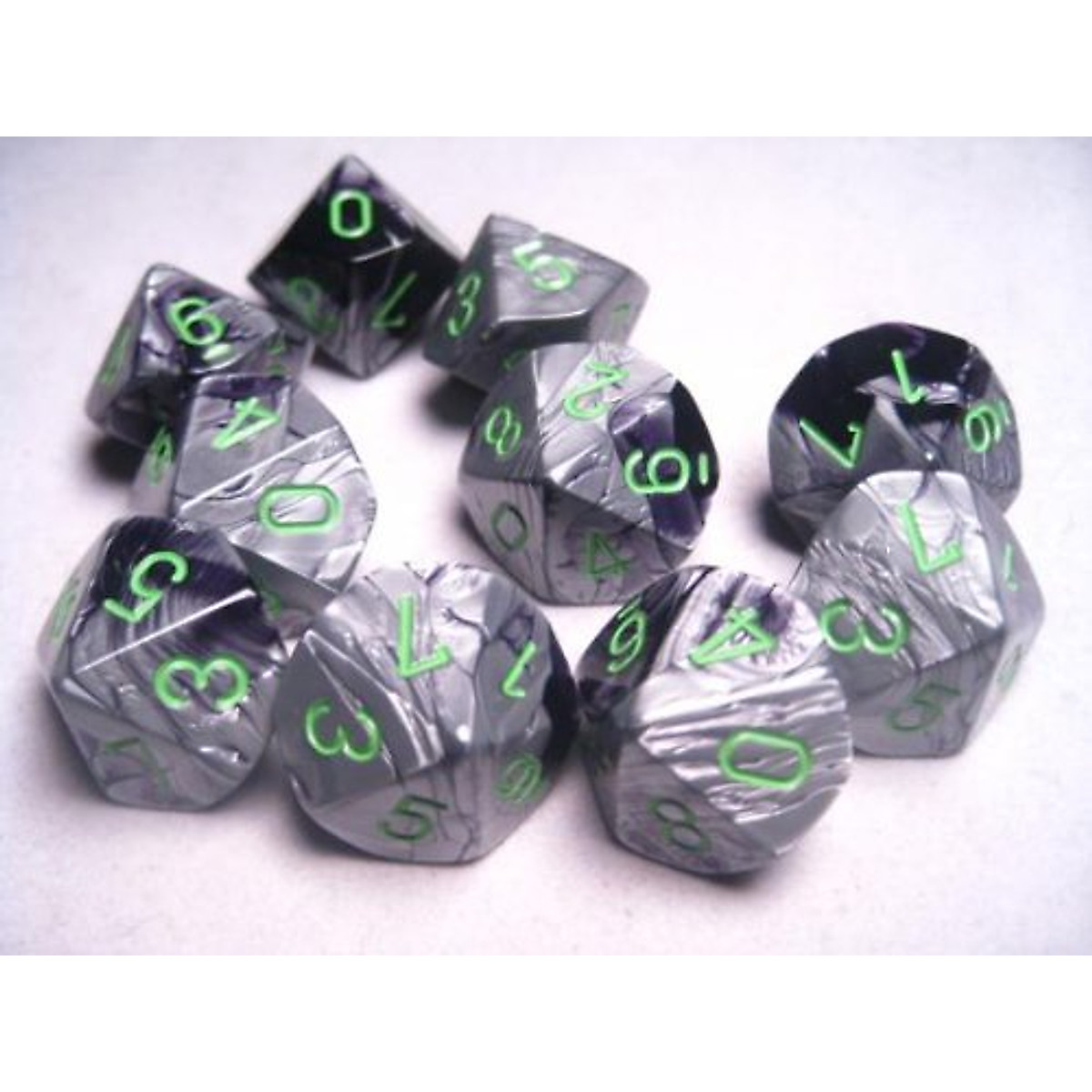 Chessex Dice Sets: Gemini Black & Grey / Gray with Green - Ten Sided Die d10 Set (10)