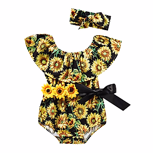 Newborn Infant Baby Girl Sunflower Outfit Floral Ruffle Romper Jumpsuit Bodysuit with Headband Clothes Set (0-6 Months, Baby Girl Off Shoulder Jumpsuit Romper)