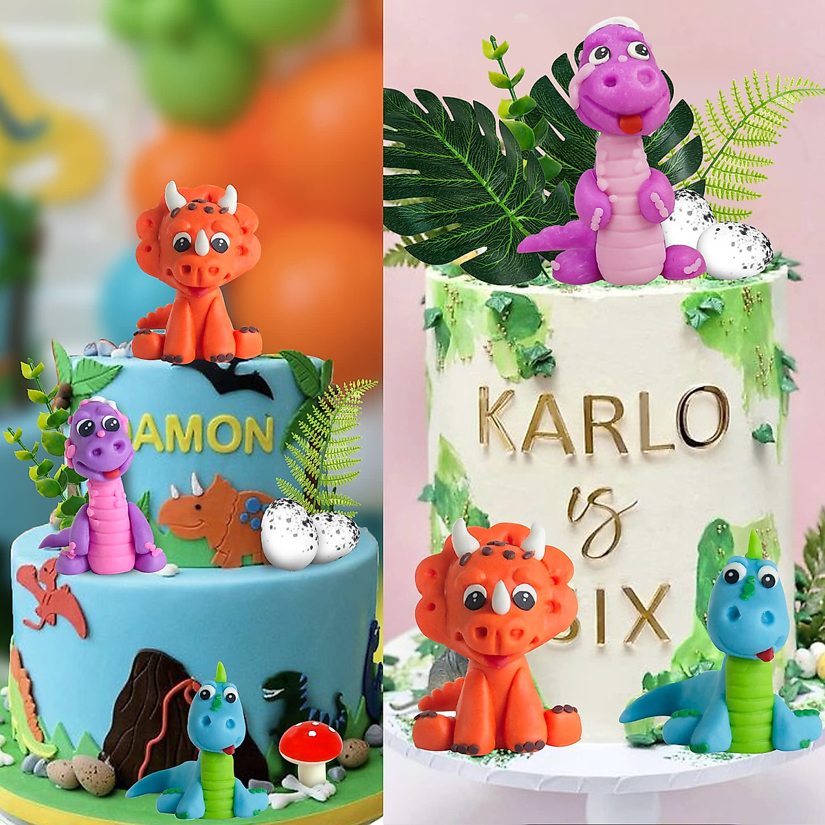 Dinosaur Cake Toppers Rainbow Cake Topper Dinosaur Eggs Leaves Baby Dinosaur Figurines Jungle Safari Cake Decoration for Birthday Baby Shower Party Supplies (Clay Dino)