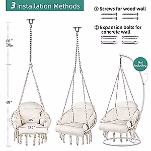 PUREKEA Hammock Chair, Macrame Hanging Swing Chair with Large Padded Cushion and Hardware Kits, Max 330 Lbs, Hanging Cotton Rope Chair for Indoor, Outdoor, Bedroom, Patio, Porch, Garden (Beige)