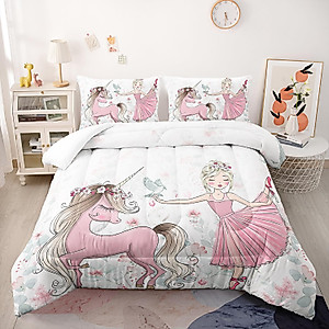 AILONEN Unicorn Bedding Set Twin Size, Cartoon Unicorn with Ballerina Girl Comforter Set for Girls Teens Kids,Watercolor Pink Flowers Bed in a Bag,1 Quilt and 2 Pillowcases,3PCS