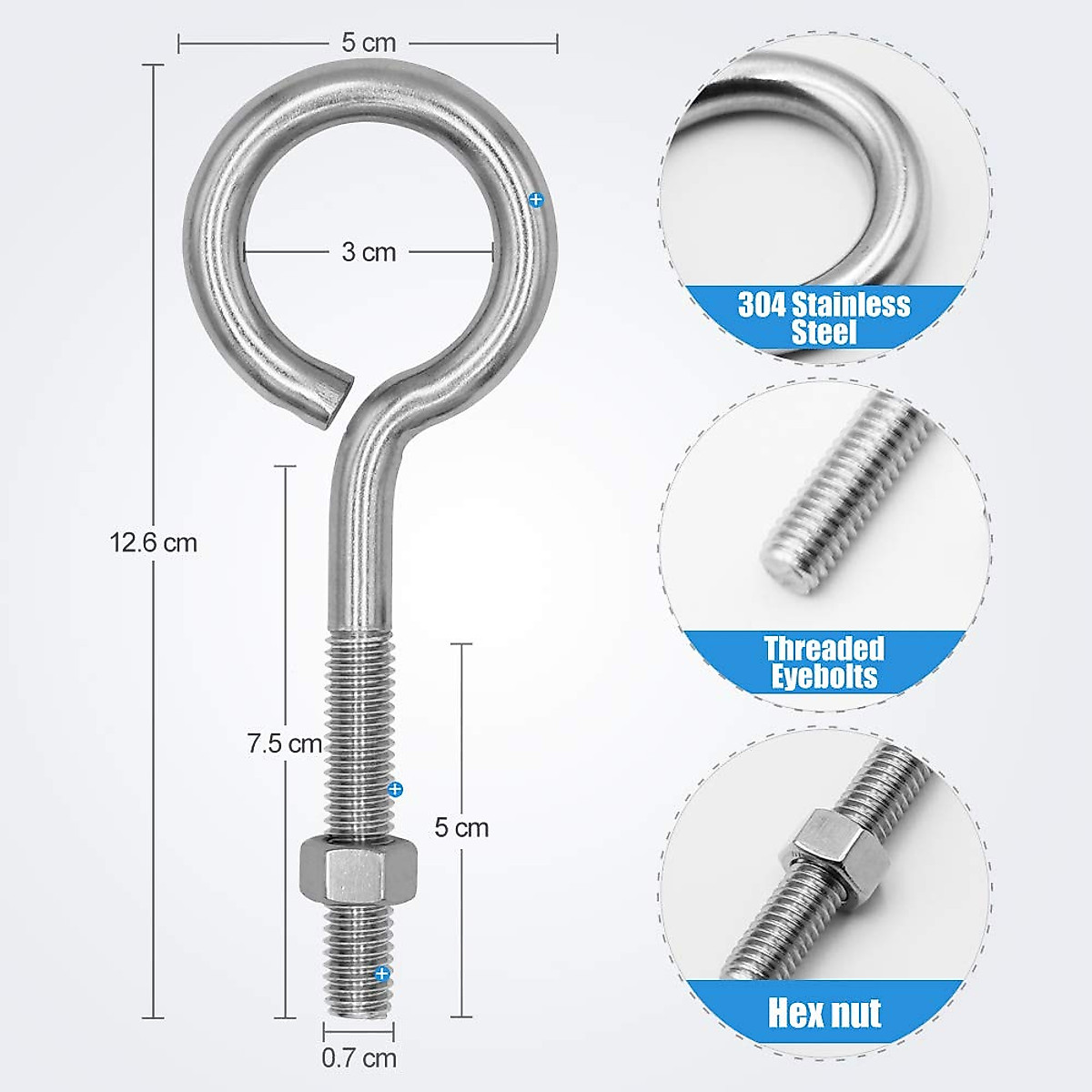 Stainless Steel Eyebolts with Nuts,4 Pcs 3/8 x 5 inch Long Heavy Duty Threaded Eye Bolts for tie-Downs, Lifting and securing Cables Wires