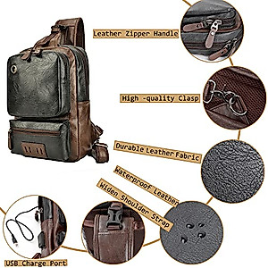 Small Black Sling Crossbody Backpack Shoulder Bag, Vintage PU Leather Casual Daypack Rucksack with USB Charger bag for Men Women