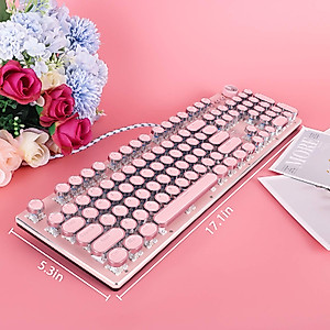 CHICHEN Retro Steampunk Typewriter-Style Gaming Keyboard, Blue Switches,Pure White Backlight, USB Wired, for PC Laptop Desktop, Stylish Pink Mechanical Keyboard Round Keycaps