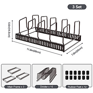 Puricon (3 Set) Pot Rack Pan Lid Organizer with 15 Adjustable Dividers, Pot Lid Skillet Griddle Cutting Board Baking Pan Holder, Cookware Rack for Kitchen Cabinet Cupboard Pantry Storage -Bronze