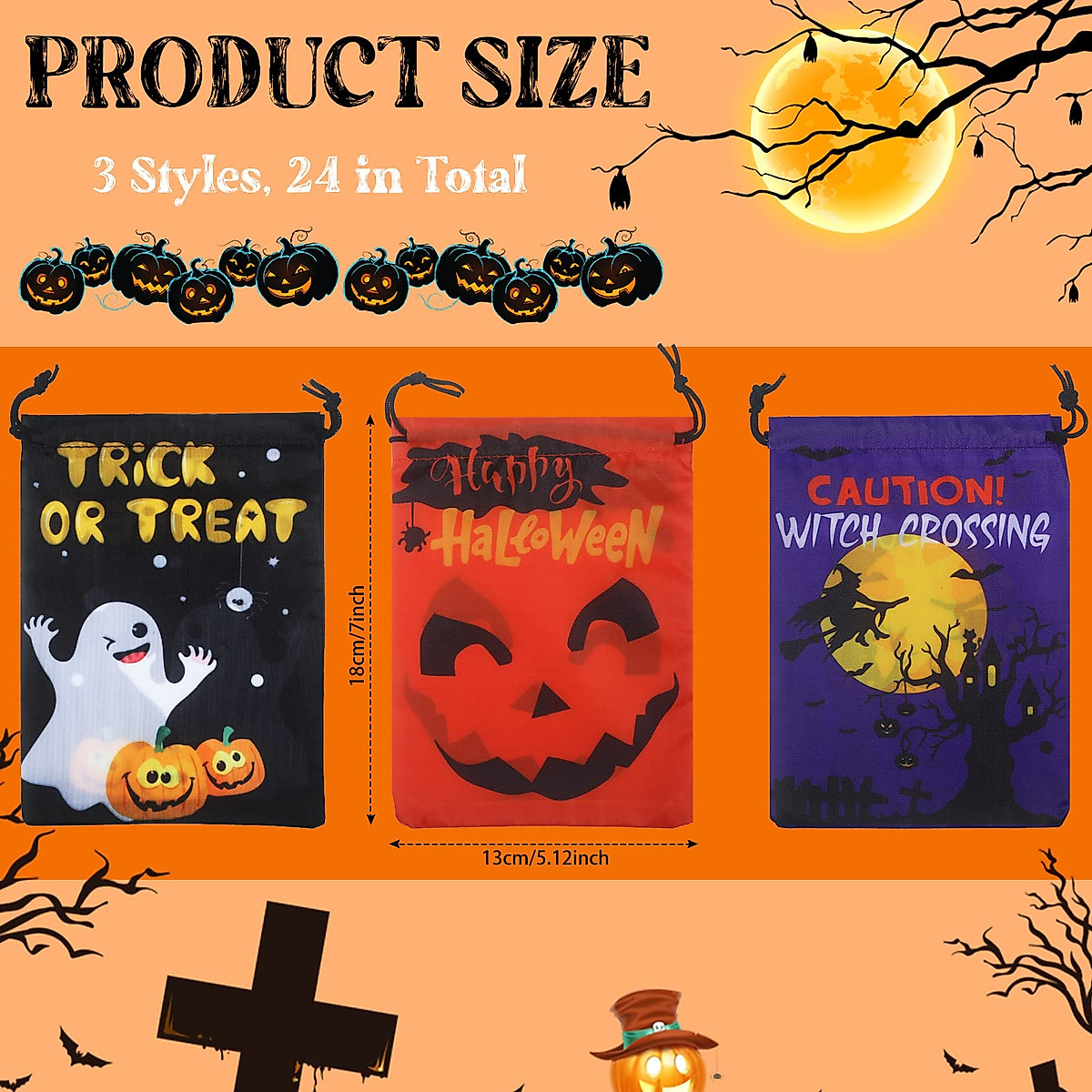 Leifide 24 Pcs Halloween Drawstring Candy Bags 7 x 5 Inch Snack Bags Small Trick or Treat Candy Goody Bags Halloween Pumpkin Candy Snack Bags for Halloween Party Supplies