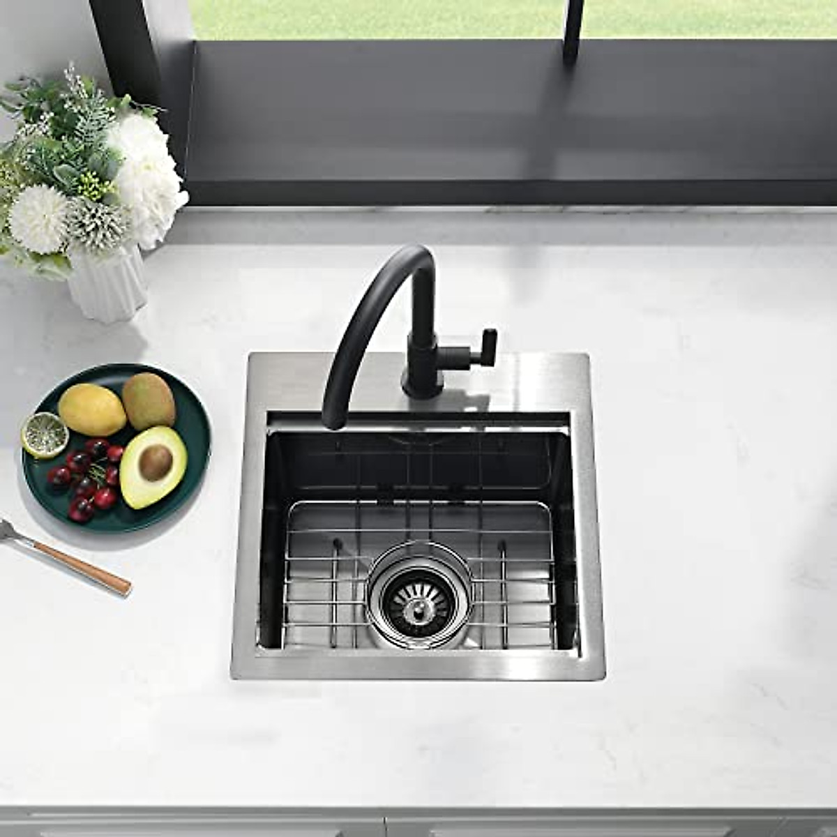 15 Inch Bar Sink Drop In Workstation - HACHENL 15x15 Inch Small Bar Prep Sink Drop in Topmount Kitchen Sink Black 16 Gauge Stainless Steel Single Bowl Outdoor or Bar Sink With Grid&Drain&Cutting Board