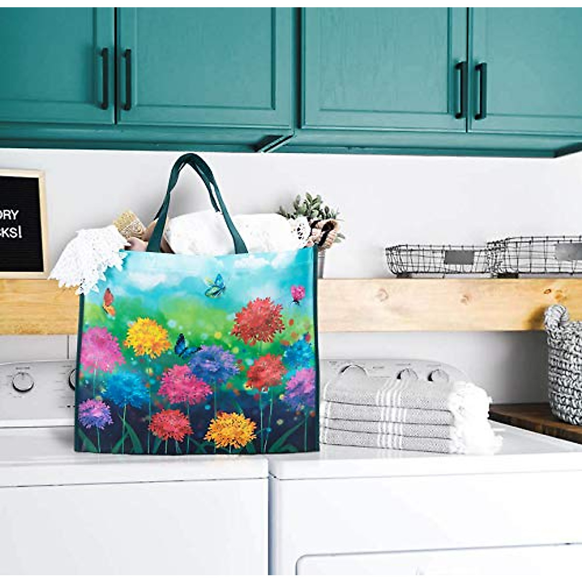 NymphFable 6 Pack Grocery Bags Reusable Peony Colorful Flowers Butterflies Shopping Bags Washable Foldable Tote Bag