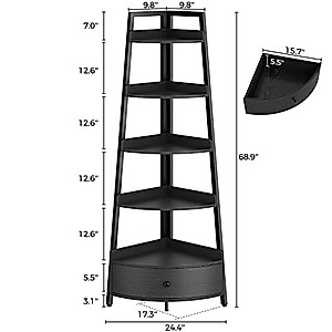 Seventable Corner Shelf with Drawer, 5-Tier Corner Bookshelf, Freestanding Corner Shelf Unit, Black Corner Bookcase, Corner Plant Stand for Living Room, Kitchen, Home Office