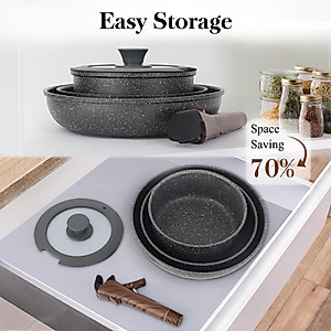 Nonstick Pots and Pans Set with Germany Granite Coating, Induction Cookware Sets with Removable Handle,Stackable RV Cooking Set with Detachable Handle, Dishwasher/Oven Safe, Dark Gray