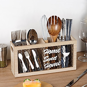 Wood Utensil Holder Caddy with Handle for Kitchen Countertop, LASZOLA 4 Compartments Wooden Utensil Crock Flatware Silverware Cutlery Storage Organizer for Farmhouse Countertop Decor