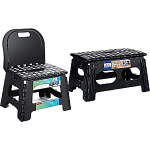 ACSTEP Folding Step Stool, Include Extra Wide Heavy Duty Stepping Stool and Back Support Foldable Step Stool Black