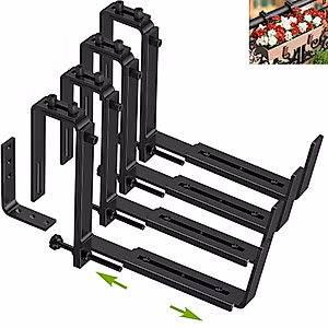 Y&M Adjustable Planter Box Brackets, Brackets for Window Boxes Planters, 4 Packs Universal Outdoor Hanging Brackets, Black Steel Mounting Durable, Suitable for Fence Pergola Patio Garden Balcony
